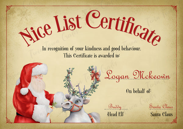Santa & Reindeer Nice List Certificate – Bespoke Gifts